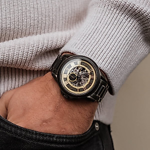 HOLZKERN Navona Men’s Watch, 43mm Gold/Gray Skeleton Dial, Brushed Stainless Steel Strap, Vintage Watch for Men