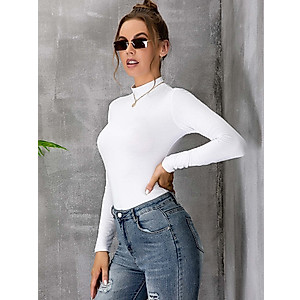 MANGDIUP Women's Mock Turtleneck Long Sleeve Pullover Tops Slim Fit Basic T-Shirts (White, Medium)