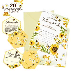 Joyful Toys Bee Baby Shower Invitations Set - Pack of 20 | Fill or Write In Blank Card with Diaper Raffle and Book Request Cards With Envelopes, Bumblebee Themed Party Supplies