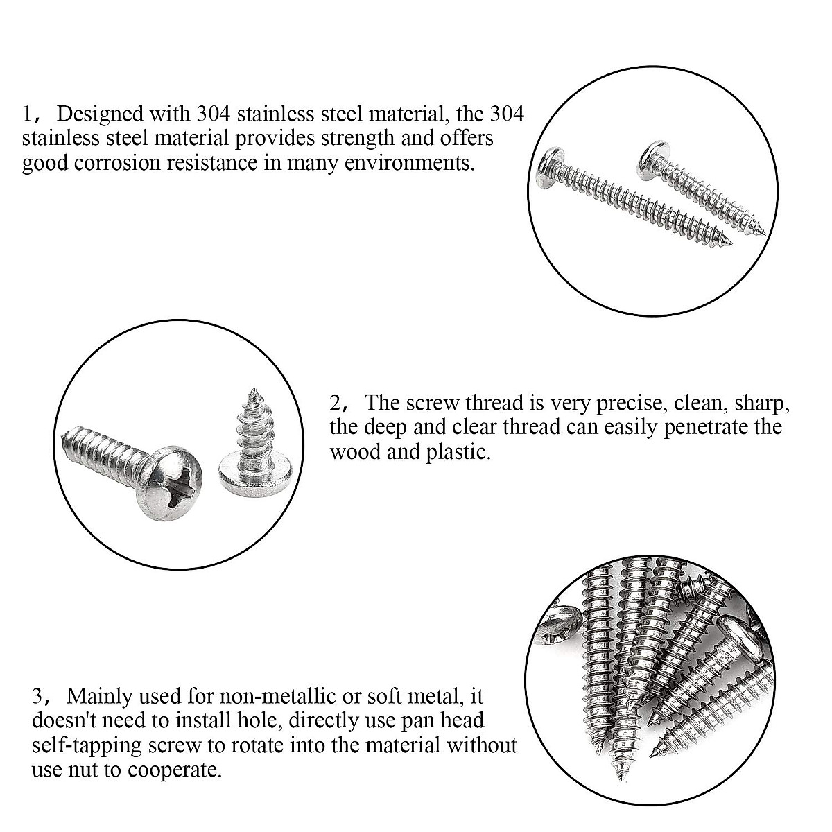 DYWISHKEY 200 Pieces #8 x 3/8", 1/2", 5/8", 3/4", 1", 1-1/4", 1-1/2", 1-5/8" Stainless Steel 304 Phillips Pan Head Self-Tapping Screws, Wood Screws Assortment Kit