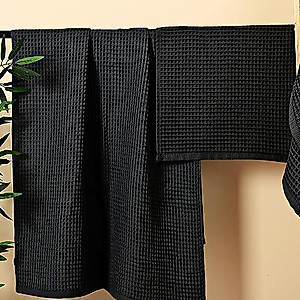 Püskül - 4 Pieces Waffle Towel Sets for Bathroom, Premium Organic Turkish Cotton 2 Hand Towels 2 Bath Towels Set (Black)