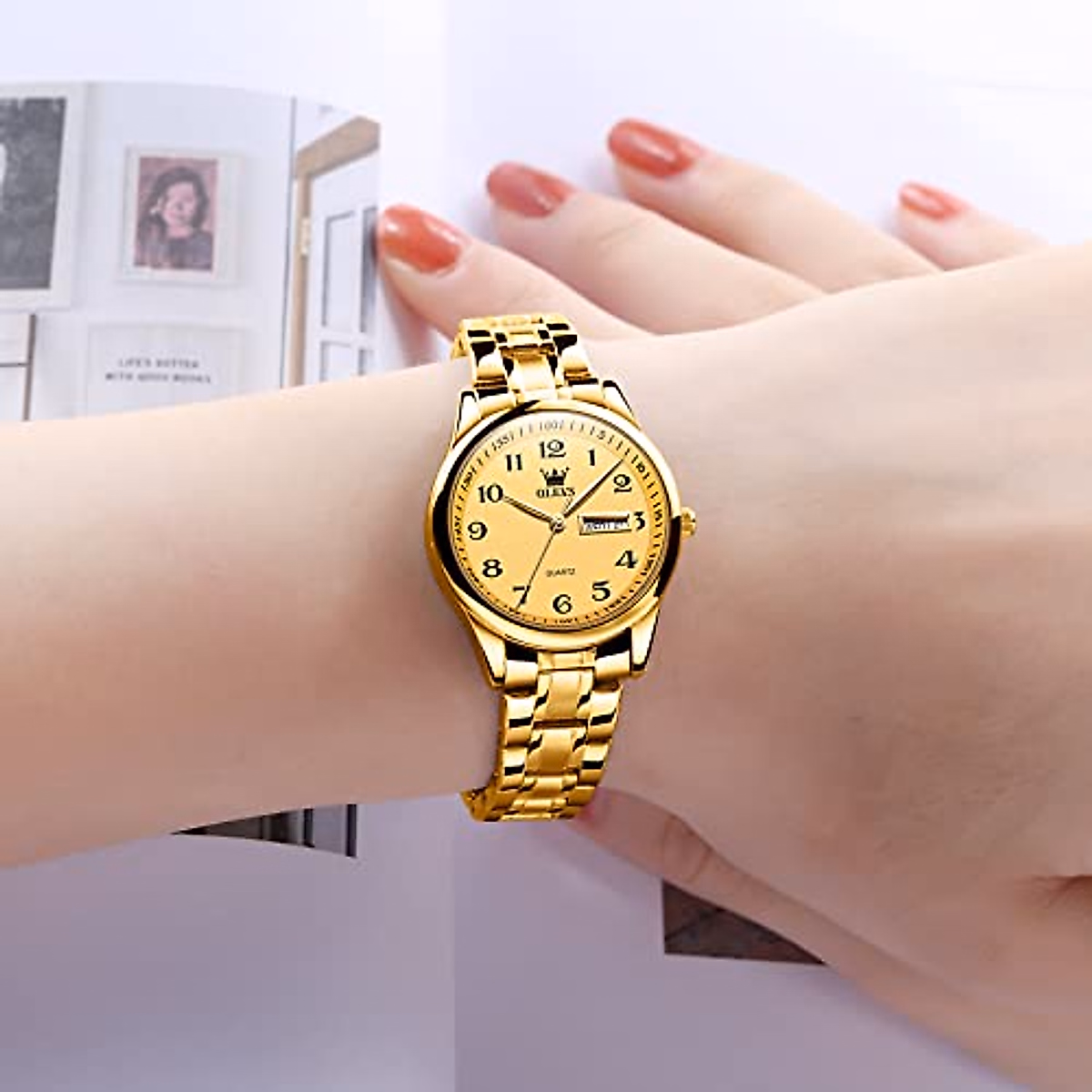 OLEVS Women's Gold Watches Small Wrist Quartz Watches for Women Yellow Gold Face Stainless Steel Bracelet Big Arabic Numerals Women Watches with Day and Date Casual Watches for Women Relojes De Mujer