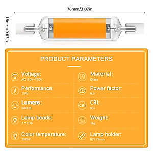 78mm 10W R7S LED COB Light Bulb 100W Equivalent T3 J78 J-Type Linear Bulb 120V R7S Base Dimmable 78mm Double Ended Flood Light Bulbs 360°Beam Angle Landscape Lights 3000K (Warm White, 4 Pack)