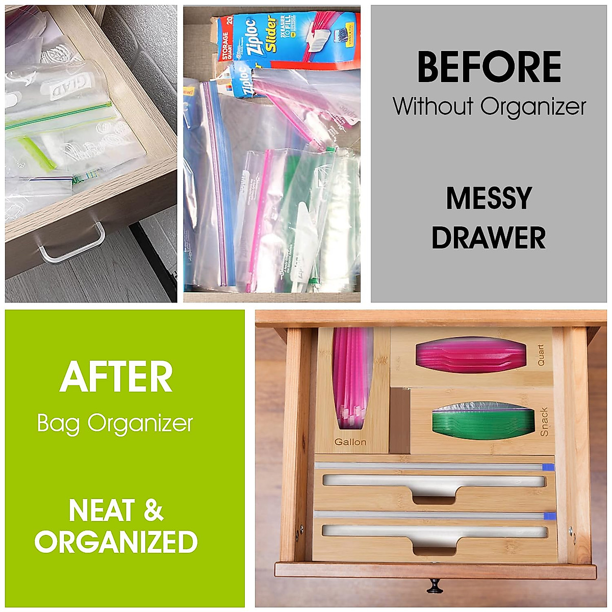 OTLS Storage Bag Organizer for Kitchen Drawer, 6 in 1 Foil and Plastic Wrap Organizer with Cutter, Bamboo Bag Organizer for Drawer with Separate Boxes for Gallon, Sandwich, Quart & Snack