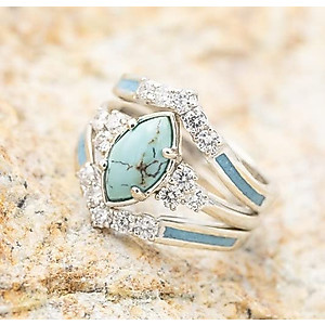 Vintage Turquoise Crystal Rings Set - 3pcs Wedding Ring Set for Women, Gold Tone/Silver Tone, Bohemian Style-gold8