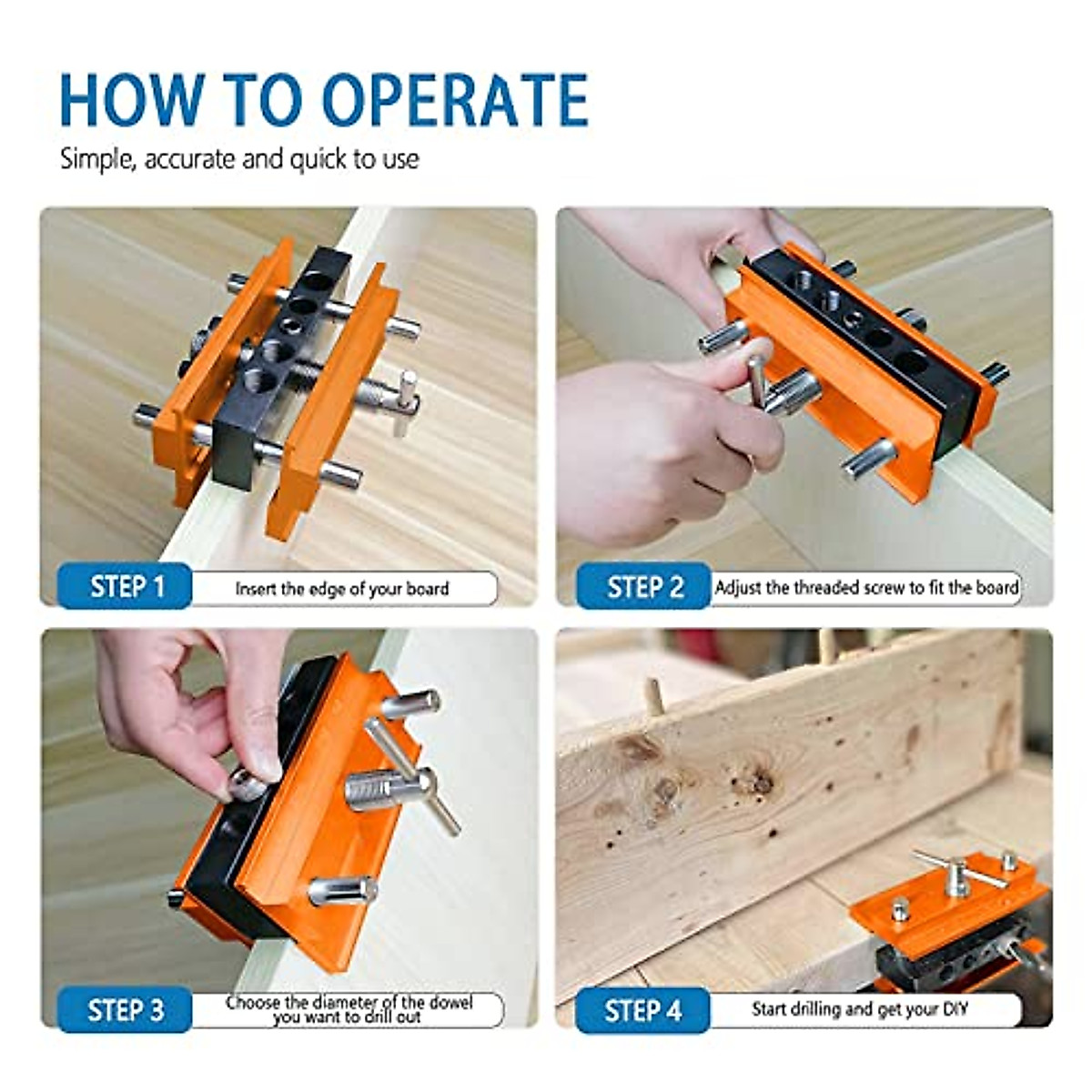 Self Centering Doweling Jig Kit, Adjustable Width Drilling Guide, Power Tool Accessory Jigs, 64mm Yellow Wooden Board Vertical Drilling Locator for Making Dowel Joints, Locating
