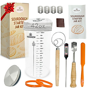 KEUKEN 42 oz Glass Sourdough Starter Jar Kit - Sourdough Bread Baking Supplies - Sourdough Starter Kit - Silicone Spatula Electric Thermometer Danish Dough Whisk - Sourdough Kit