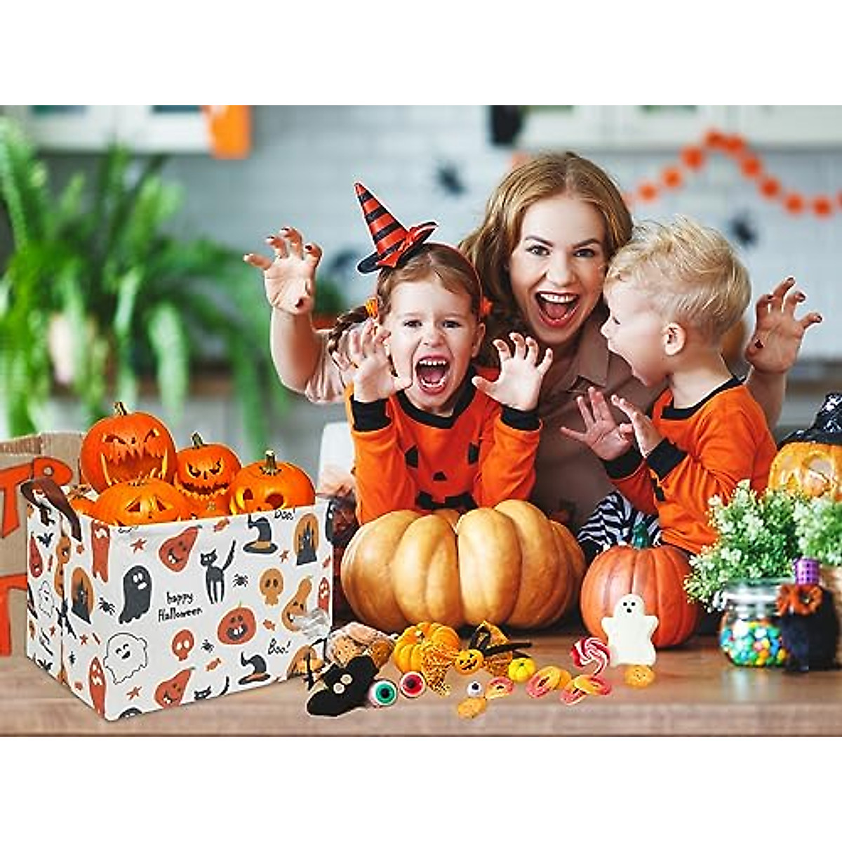 HIYAGON Halloween Basket Trick or Treat Halloween Basket for Boys and Girls Pumpkin Basket for Halloween Parties Cute Storage Bin Organizer Box Rectangular Room Decor(Halloween Basket)