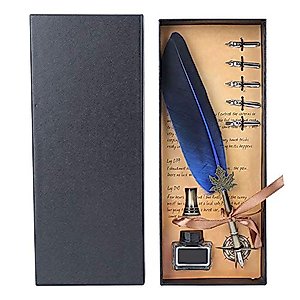 Tyenaza Feather Pen, Vintage Fountain Writing Pen, Calligraphy Pen Set, Quill Pen Writing Ink Set Stationery Gift Box with 5 Nibs for Stationery Teachers Classmates Gift (Blue)