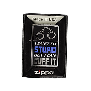 I Can't Fix Stupid But I Can Cuff It Handcuffs Design - Brushed Chrome Zippo Lighter
