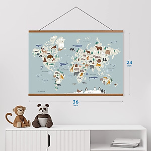 Lenny’s World Animal World Map For Kids - Large 36"x24" Educational Geography Maps For Baby Toddler Wall, Classroom Decor, Linen Canvas With Wood Hanger - Learning Tapestry Poster For Preschool