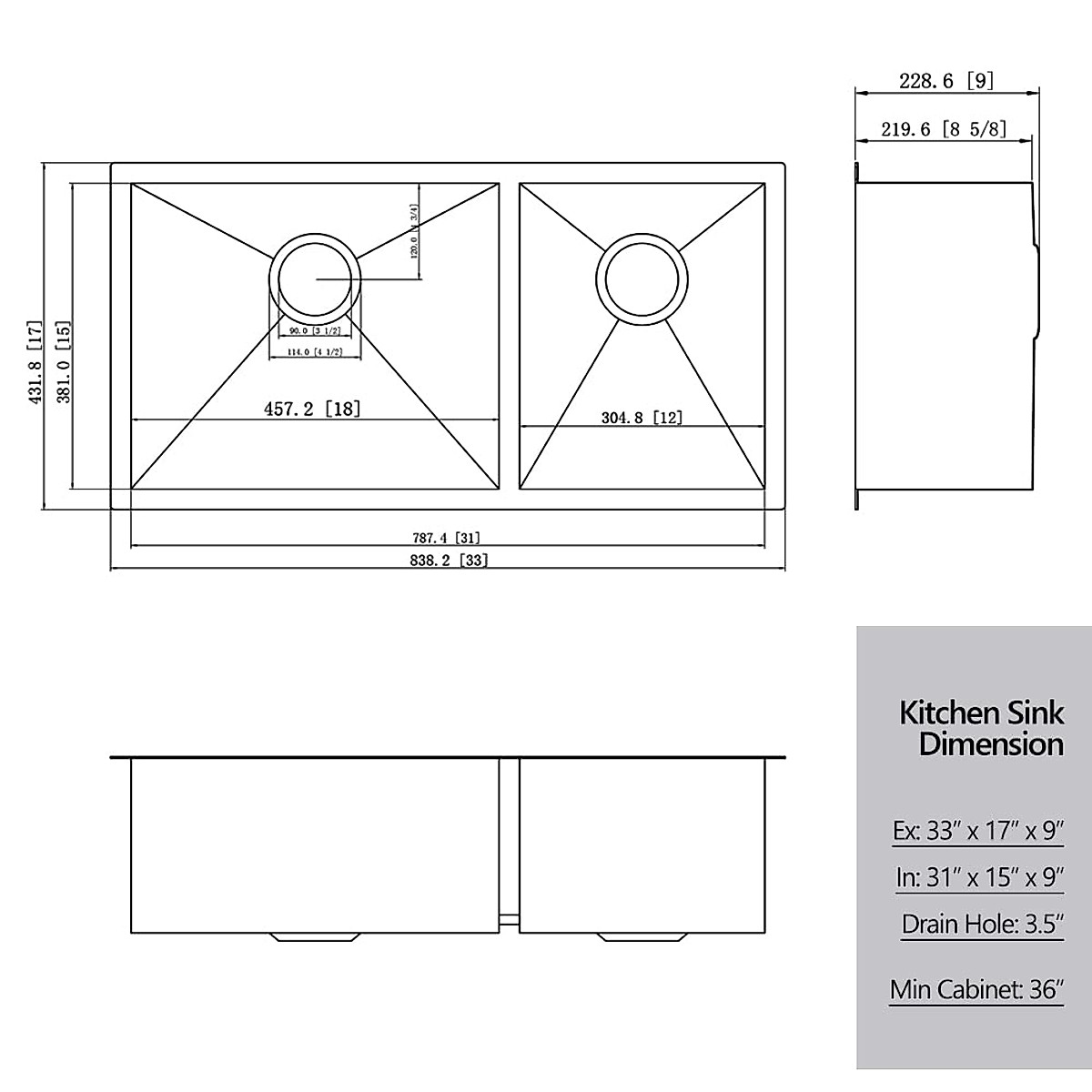 33 Undermount Double Bowl Stainless Steel Kitchen Sink - Dorzom 33" x 17" Stainless Steel Sink 18 Gauge Right Angle Double Bowl 60/40 Kitchen Sink Basin H004L-331709