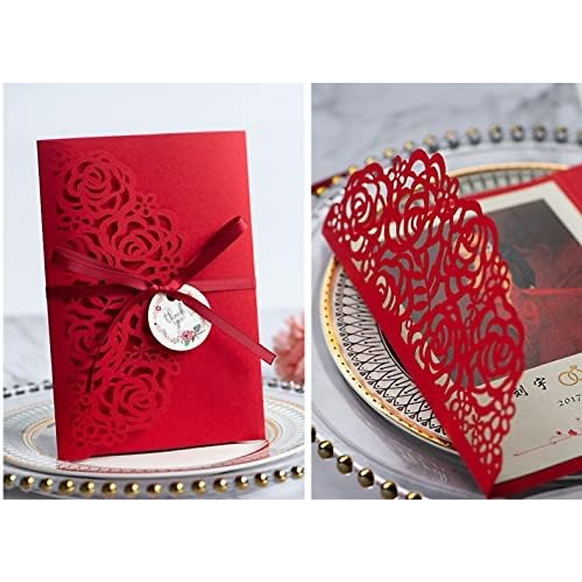 Cylallen 20sets 4.9x 7 inch Rose Laser Cut Wedding Invitation Jacket Pocket for Quinceanera Bridal Shower Baby Shower Party Dinner Invite (Red)