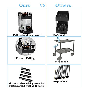 EWQKPEL 2 Tier Under Sink Organizers and Storage, Sliding Drawer Bathroom Kitchen Sink Organizer with 4 Hooks 2 Handles, Multi-purpose Under Cabinet Shelf, Bath Collection Basket