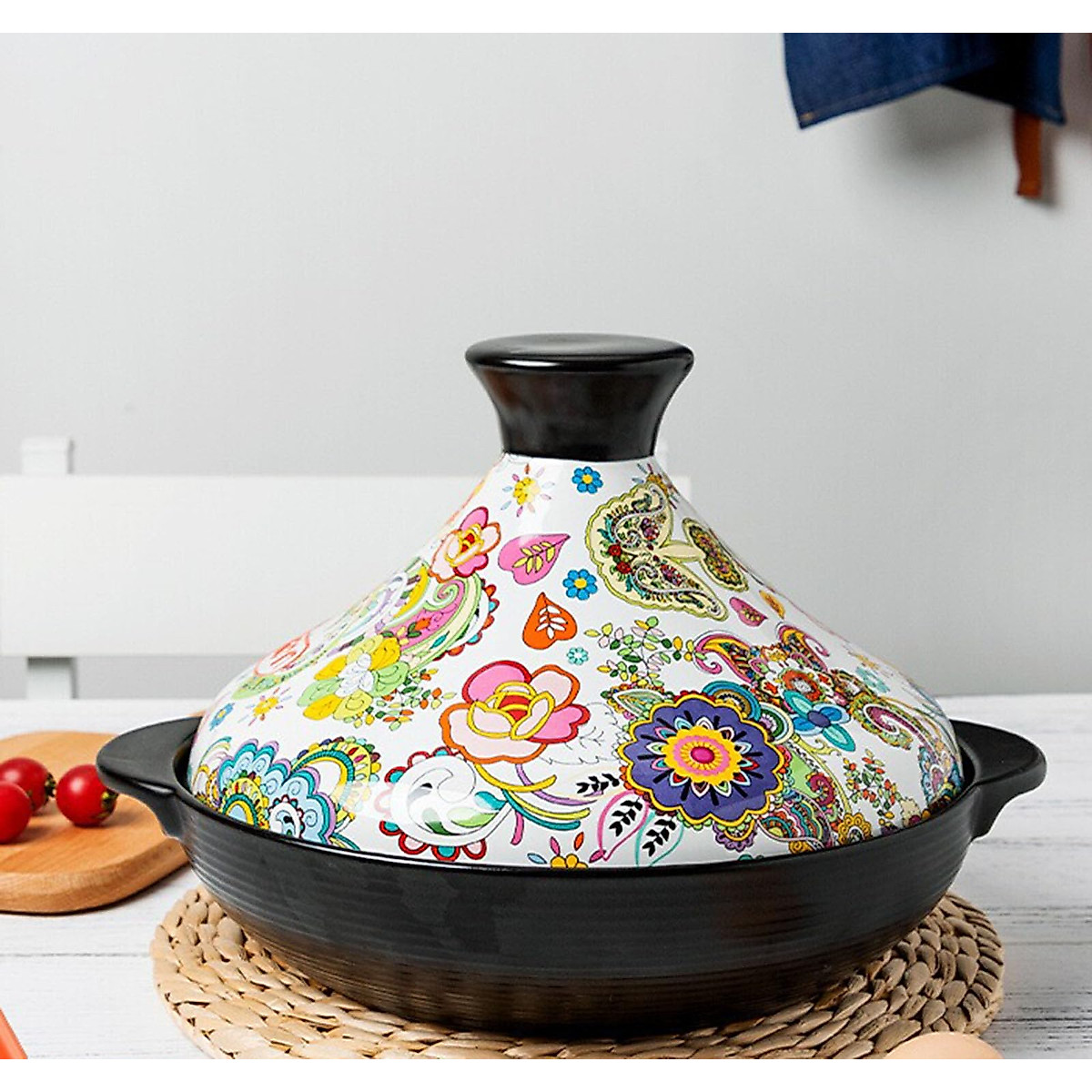GFHVDC Moroccan Tagine, Enameled Cast Iron Cooking Pot, Flower Pattern Moroccan Tagine Pot Enameled Cast Iron Casserole Non Stick Saucepan Exotic Stew Pot with Lid