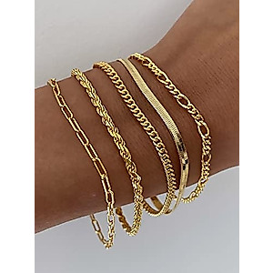 DEARMAY Gold Bracelets for Women Trendy Gold Jewelry Set for Women Cuban Link Chain 14K Gold Plated Filled Figaro Paperclip Rope Herringbone Bracelet Pack 18K Gifts for Women Teen Girls