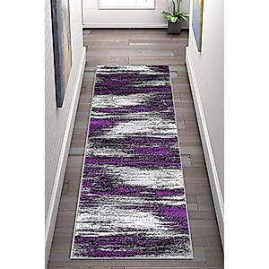 Champion Rugs Modern Rugs for Living Room Abstract Brush Stripes Soft Plush Purple Grey Black Area Rug Rugs Carpet for Office and Kitchen (2’ X 7’ Runner)
