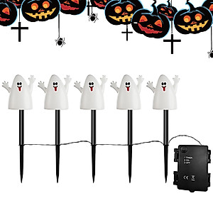 Ghost Yard Stakes, 2 Modes Halloween Decorative Stake Light, Halloween Ghost Led Stake Lights with 2 Lighting Modes, Solar Powered Led Ghost Lights, Light Up Halloween Decorations for Holiday Home