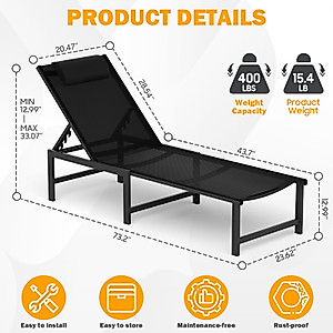 WOAJNQO Chaise Lounge Chair Outdoor,Aluminum Patio Lounge Chairs Set of 2, Adjustable 5-Position Recliner and Full Flat Tanning Chair with Pillow for Pool, Outside,Beach,Black