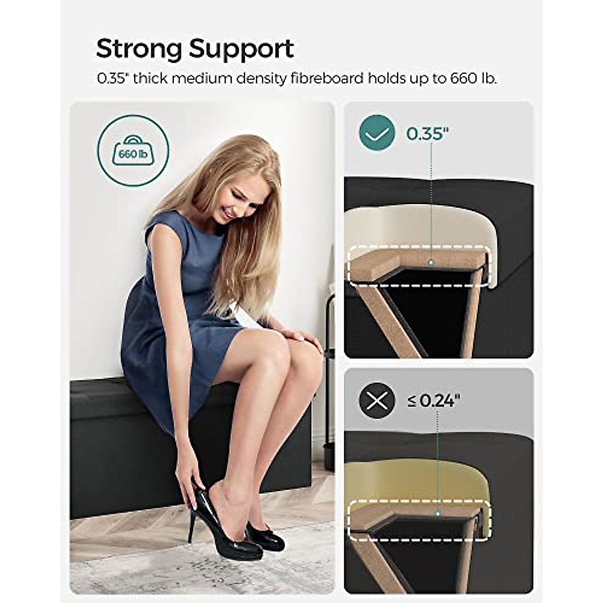 SONGMICS 43 Inches Folding Storage Ottoman Bench, Storage Chest, Foot Rest Stool, Bedroom Bench with Storage, Black ULSF077B01