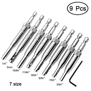AFUNTA 8 pcs Center Drill Bit Set,Self Centering Hinge Tapper Core Hole Puncher Woodworking Tools for Cabinet Door 5/64'' 7/64'' 9/64'' 11/64'' 13/64'' 5mm 1/4'' with 1 pcs Hex key
