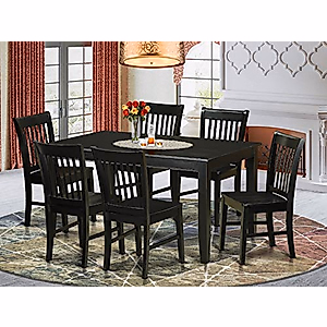 East West Furniture DUNO7-BLK-W 7-Piece Kitchen Table Chairs Set - a Rectangular Modern Kitchen Table - 6 Wood Dining Chairs with Solid Wood Seat & Slatted Back - Black Finish
