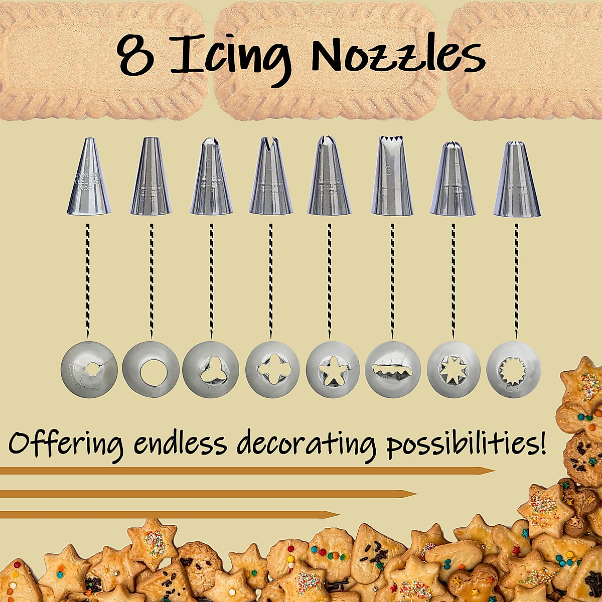 Cookie Press and Icing Set, Aluminium Alloy Cookie Decorating Tools, Excellent Baking Supplies, Including 13 Cookie Pattern Discs and 8 Icing Nozzles