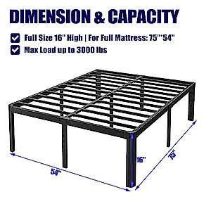 Hunlostten 16" Full Size Bed Frame No Box Spring Needed, Heavy Duty Metal Platform Bed Frame Full with Round Corners, Easy Assembly, Noise Free, Black