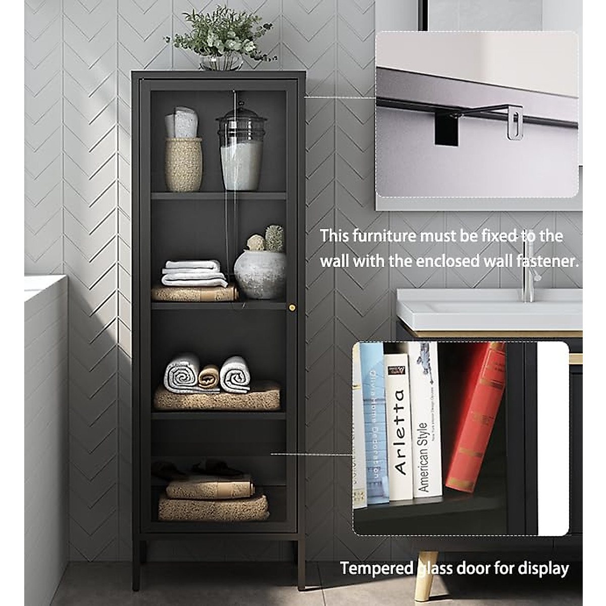 MIOCASA Display Cabinet Steel Storage Cabinet, Bookcase with Glass Door Accent Tall 4 Tier File Cabinet for Home, School, Gym, Bathroom and Office (H150-Glass 1D)