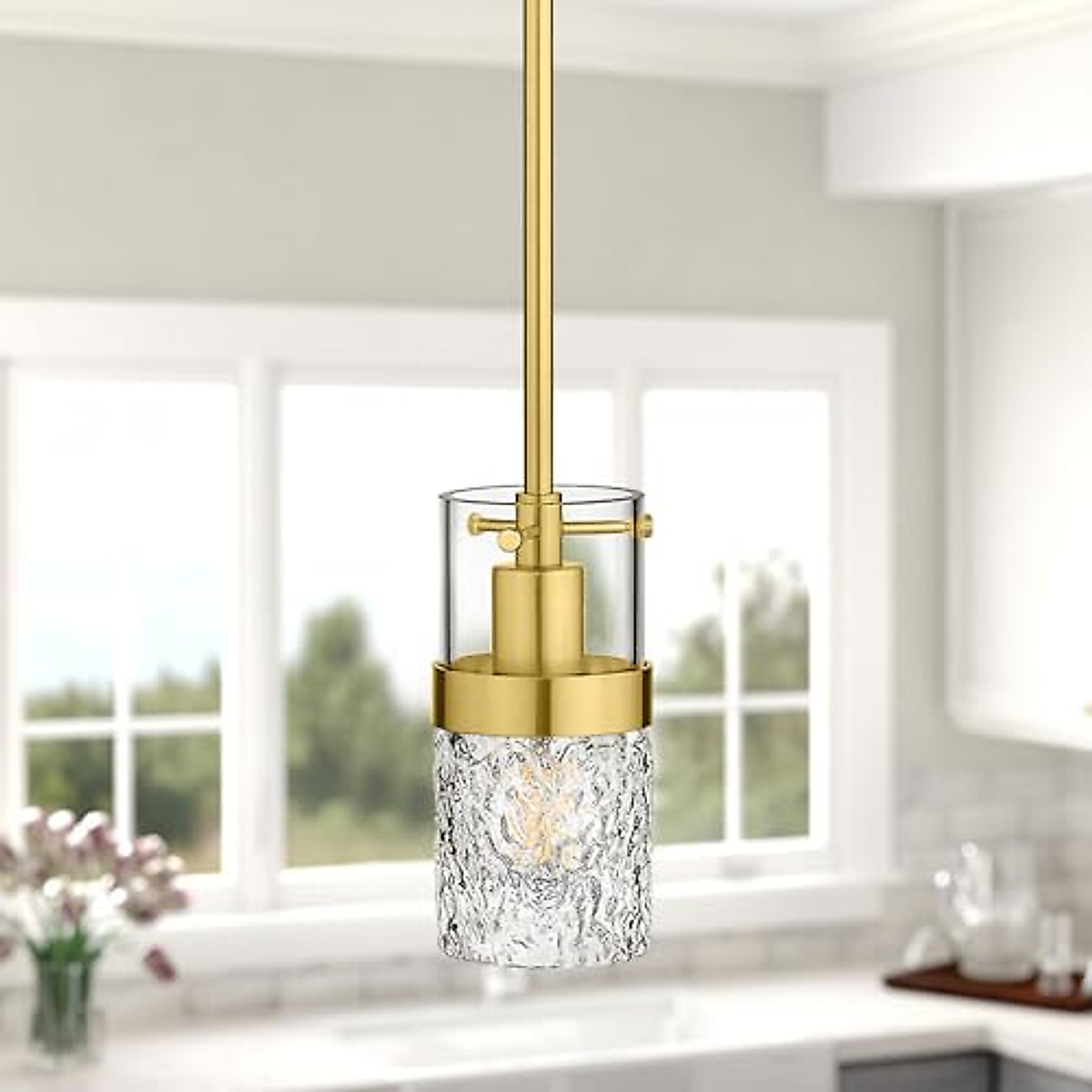 LMS Gold Pendant Light, 1-Light Pendant Lighting for Kitchen Island with Hammered Glass, LMS-171