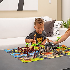 JoyKip Safari Animals Figures Toys with Activity Play Mat & Trees 21 Piece Plastic Animals Figures Wild Zoo Animal Figures for Toddlers Animal Toys for Kids 3+