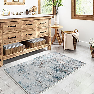 WondRg 2x3 Washable Area Rug Blue Gold Abstract Modern Entryway Kitchen Non Slip Low Pile Thin Throw Rug Living Room Bedroom Indoor Doormat Small Soft Carpet for Entrance Bathroom Dining Room