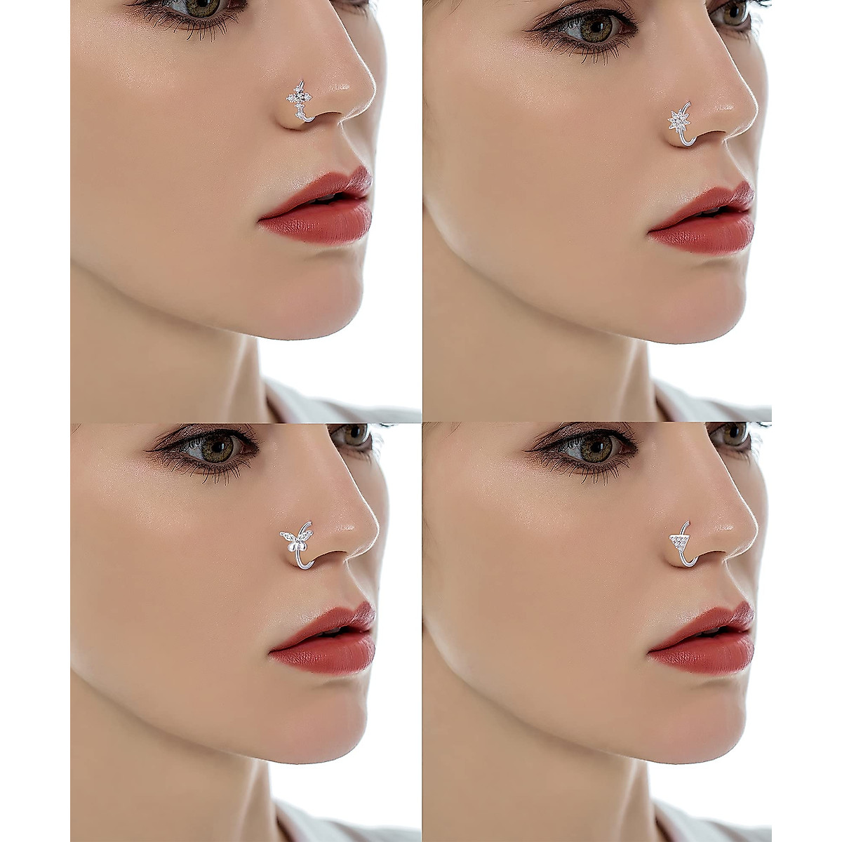 Tornito 8Pcs Nose Ring Hoop Paved Flower Butterfly Star Triangle Moon CZ Cartilage Earrings Nose Piercing Jewelry for Women Men Silver Rose Gold Tone 20G