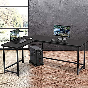 L Shaped Desk Home Office Desk Corner Computer Desk, Metal and Wood PC Laptop Table Gaming Desk with Solid Steel Frame & CPU Stand Shelf, Large 3-Piece Writing Study Workstation, Black