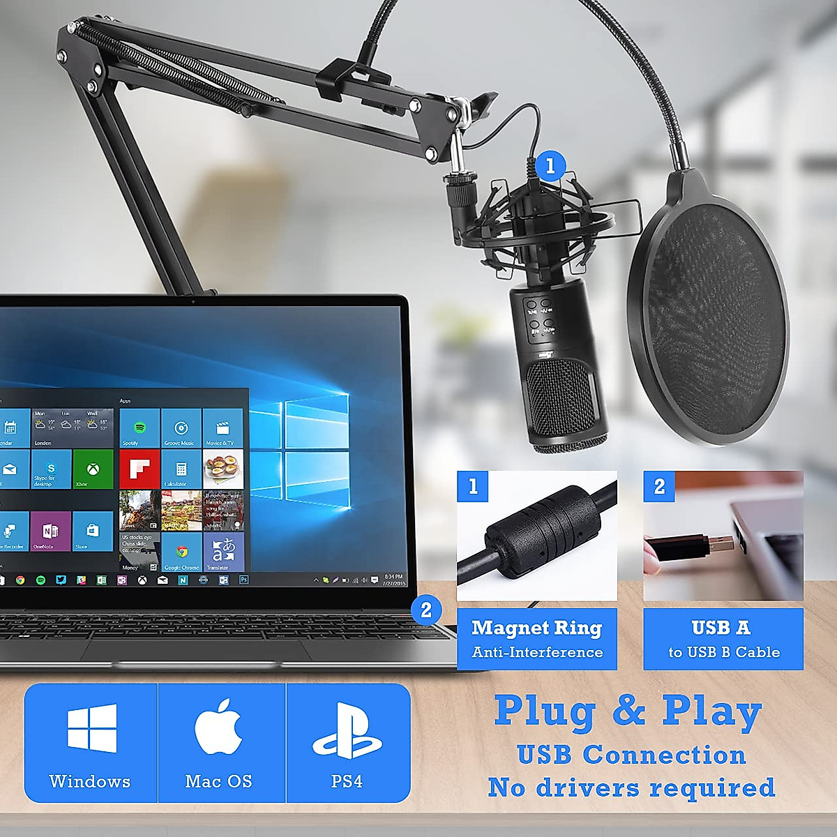 Lamoe USB Podcast Studio Condenser Mic, Recording Condenser Microphone kit with Boom Arm Sound Card 192KHZ/24Bit, Plug & Play Instrument Microphones for PC Karaoke YouTube Streaming Gaming-U188
