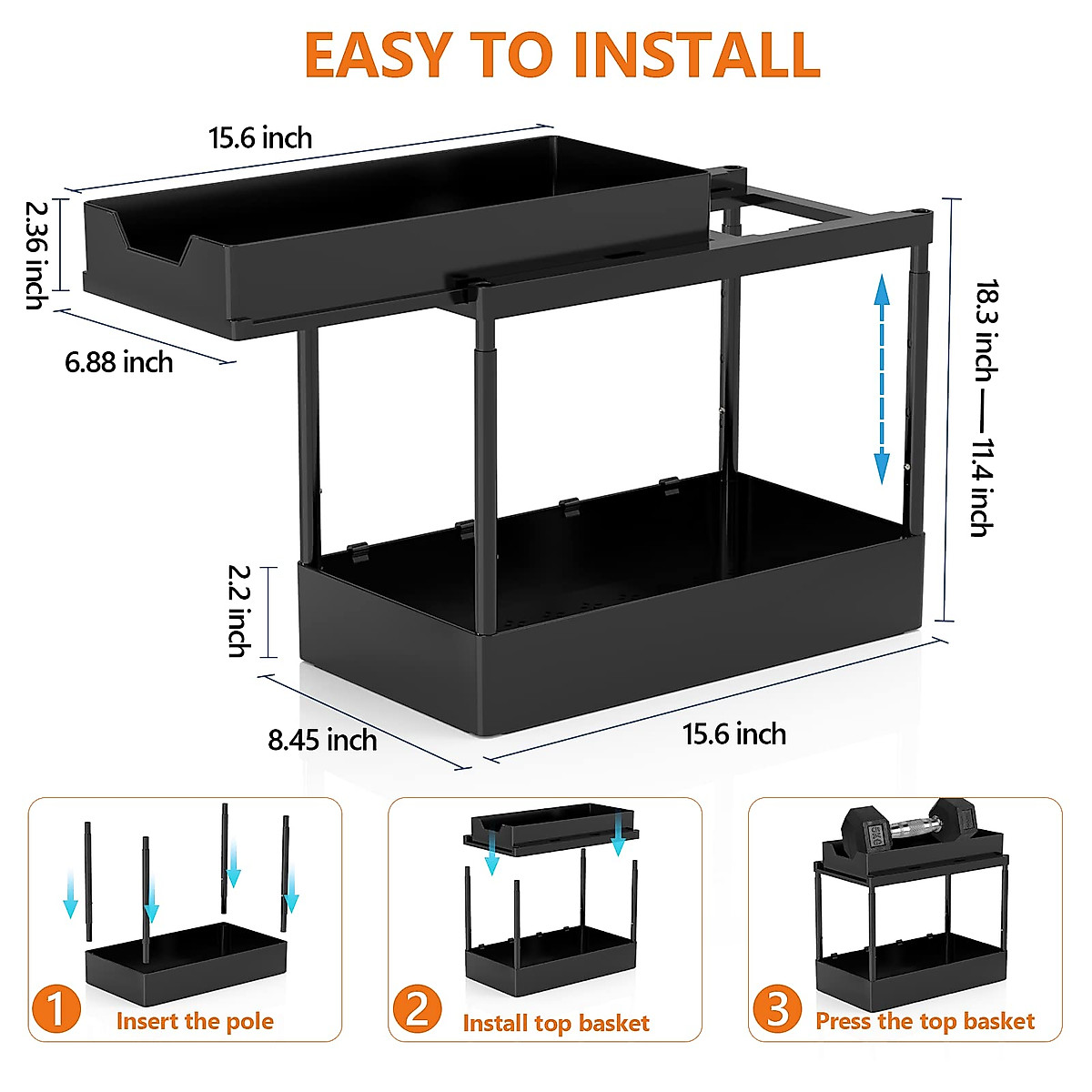 2 Pack Under Sink Organizers and Storage - 2 Tier Large Capacity Bathroom Organizer Under Sink with 4 Hooks,Upgrade Multipurpose Top Sliding Basket Cabinet Organizer for Kitchen Bathroom, Black