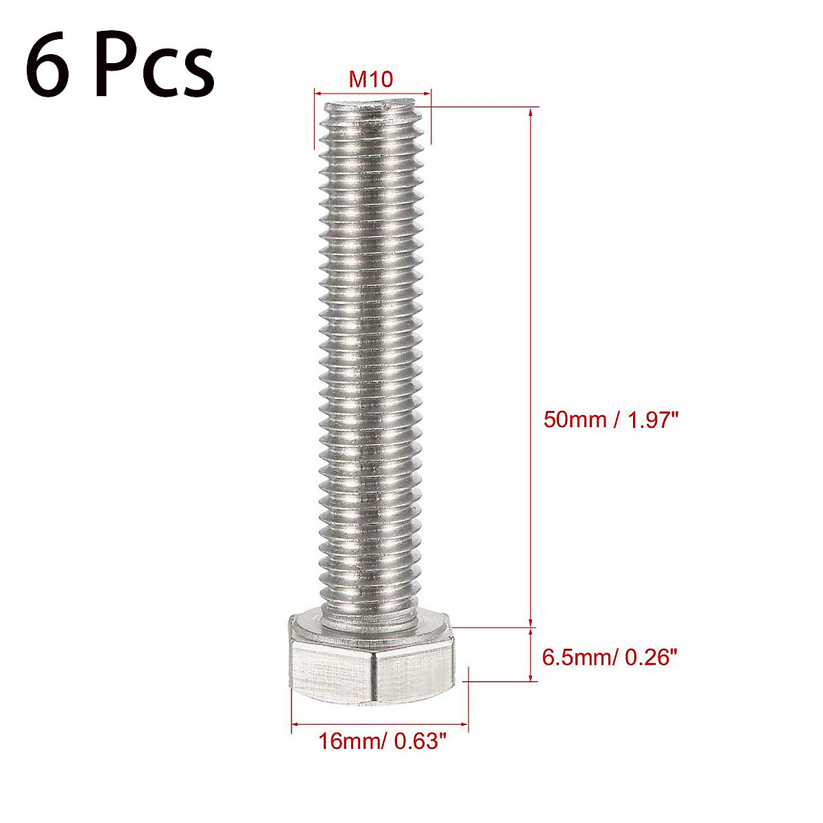 6 Pcs M10 Hex Bolt M10-1.5 x 50mm UNC Hex Head Screw Bolts A2-70(304) Stainless Steel Fully Threaded Hex Tap Bolts，Plain Finish，Fully Threaded (M10 x 50mm)