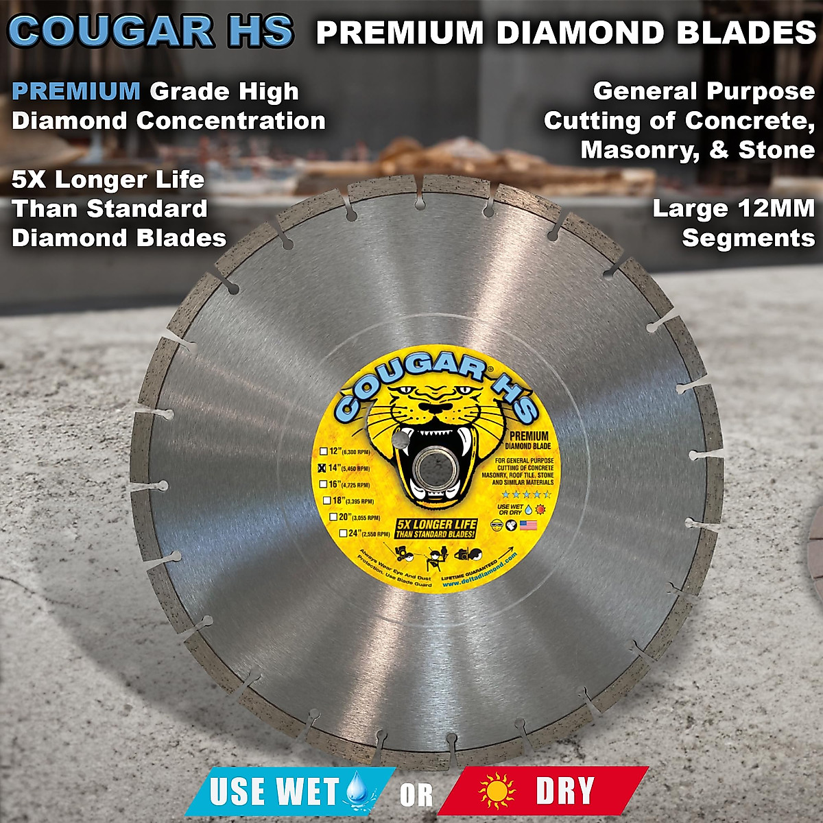 Delta Diamond Cougar HS 14 inch Diamond Blade, Premium, Segmented, General Purpose Dry or Wet Cutting of Concrete, Block, Paver, Brick (14" X 1"-20mm Arbor)