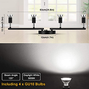 Ascher 4-Light LED Track Lighting Kit, Flexibly Rotatable Light Heads, 4 Way Ceiling Spotlight Black Finish, Including 4 GU10 LED Bulbs (4W 400LM Daylight White 5000K)
