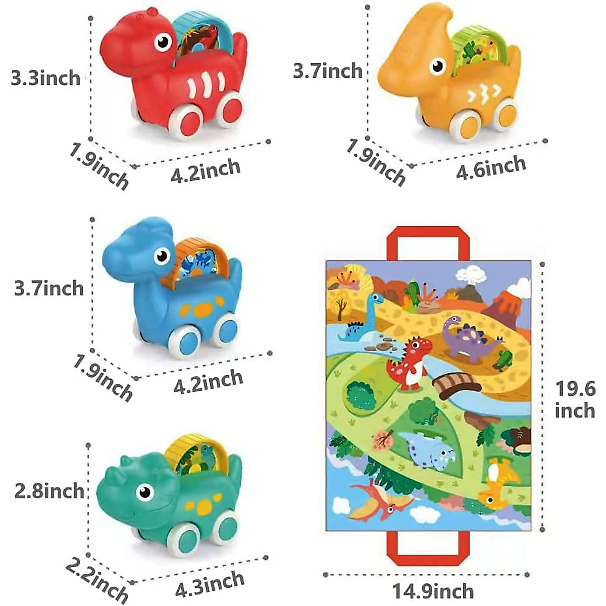 COVTOY 1 Year Old Boy Gift, 4 Sets of Vehicle Dinosaur Car Toys with Playmat and Storage Bag Baby Toys 12-18 Months First Birthday Gifts for 1 Year Old Infants and Toddlers