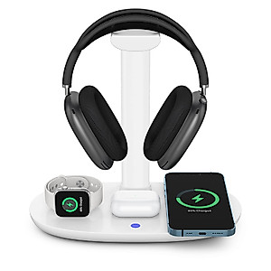 Headphone Stand with 15w Wireless Charger, Suguder 4 in 1 Charging Station Headset Holder for AirPods Max/Pro/4/3/2 iWatch 10/9/8/7/6/5/4/3/2/1/SE iPhone 16/15/14/13/12/11/X for Desktop Table Game