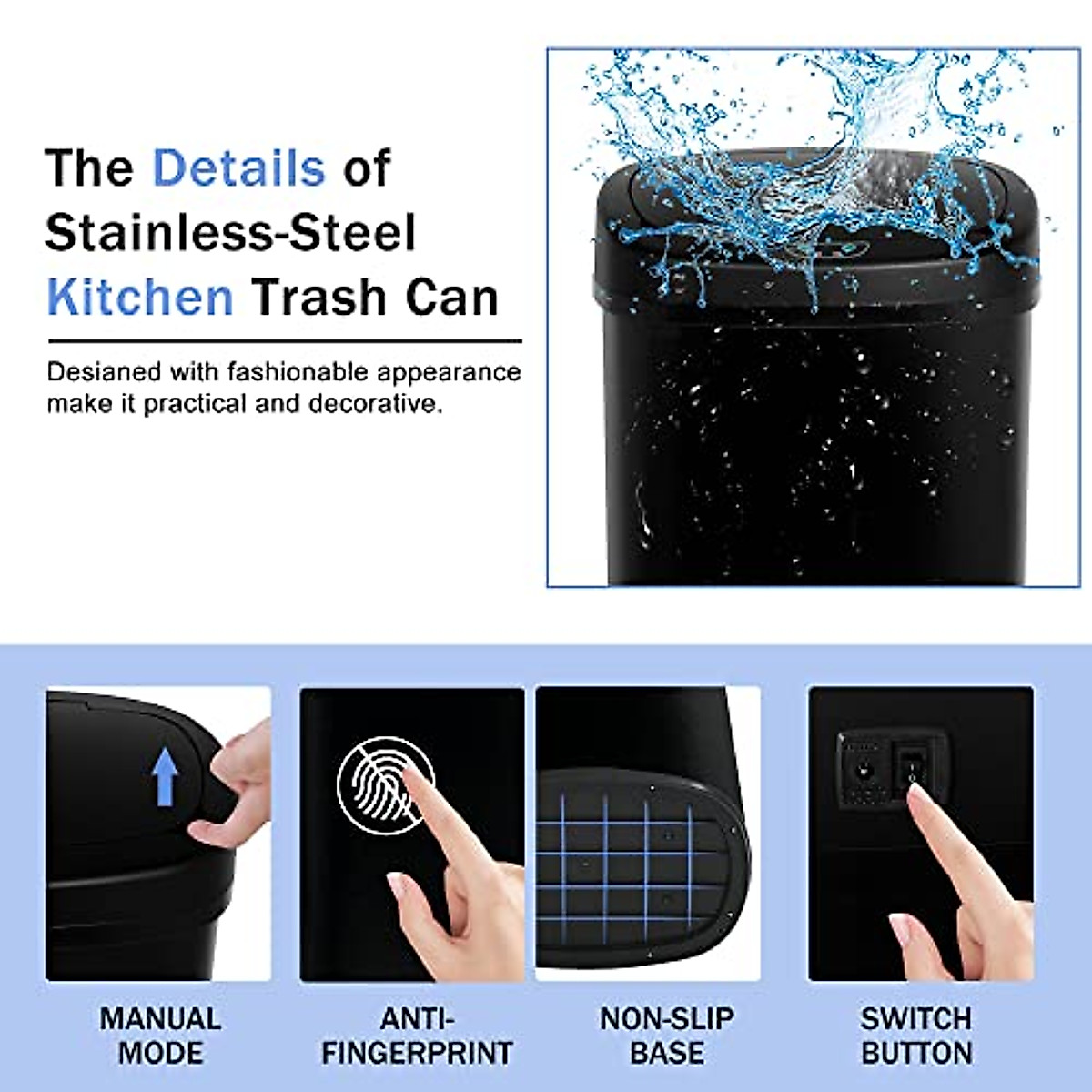 Trash Can 13 Gallon Trash Can Kitchen Automatic, Motion Sensor & Touch-Free, Brushed Stainless Steel Trash Can with Lid, Mute Designed, High-Capacity Touchless Garbage Can Waste Bin for Home Office
