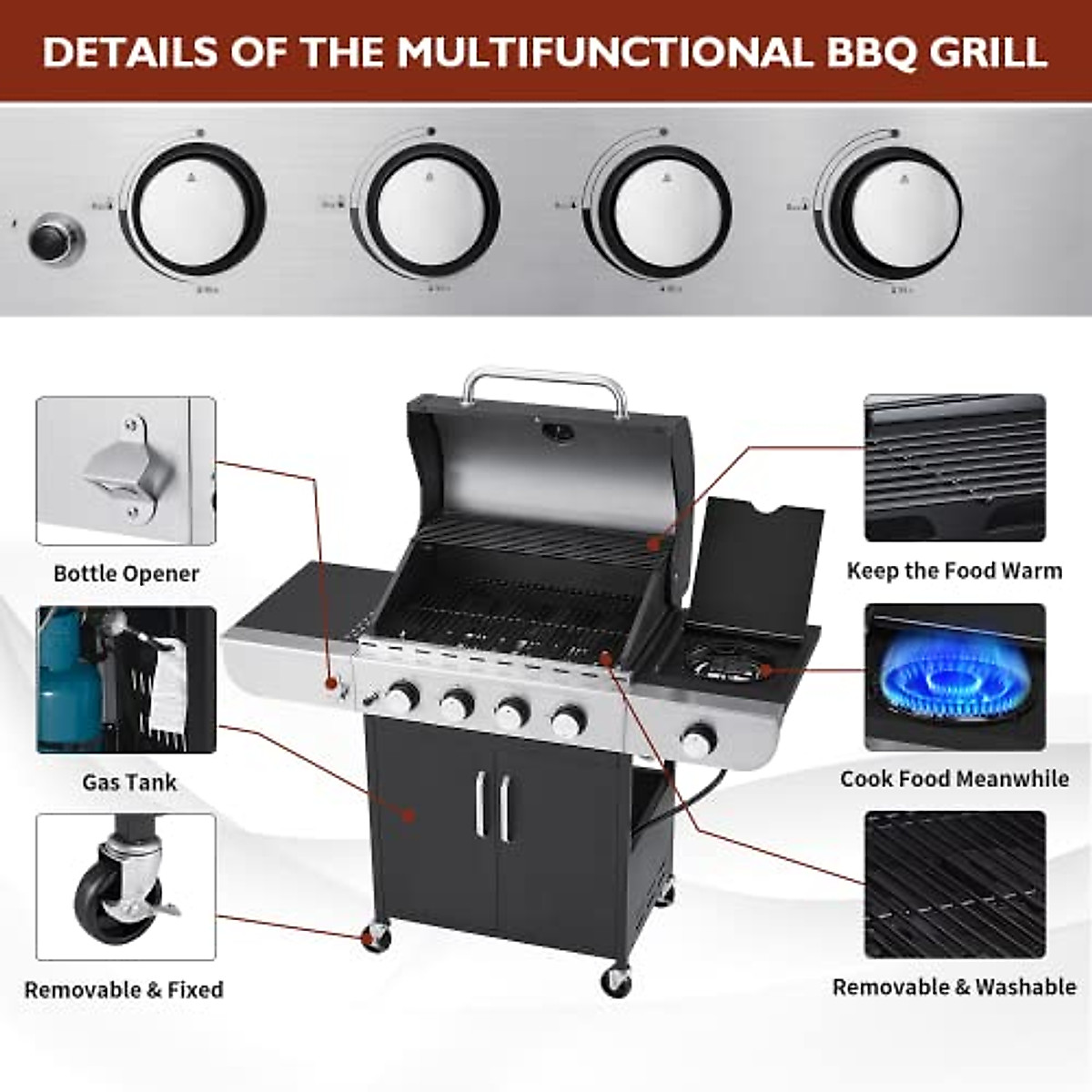 MELLCOM 4 Burner BBQ Propane Gas Grill, 36,000 BTU Stainless Steel Patio Garden Barbecue Grill with Stove and Side Table