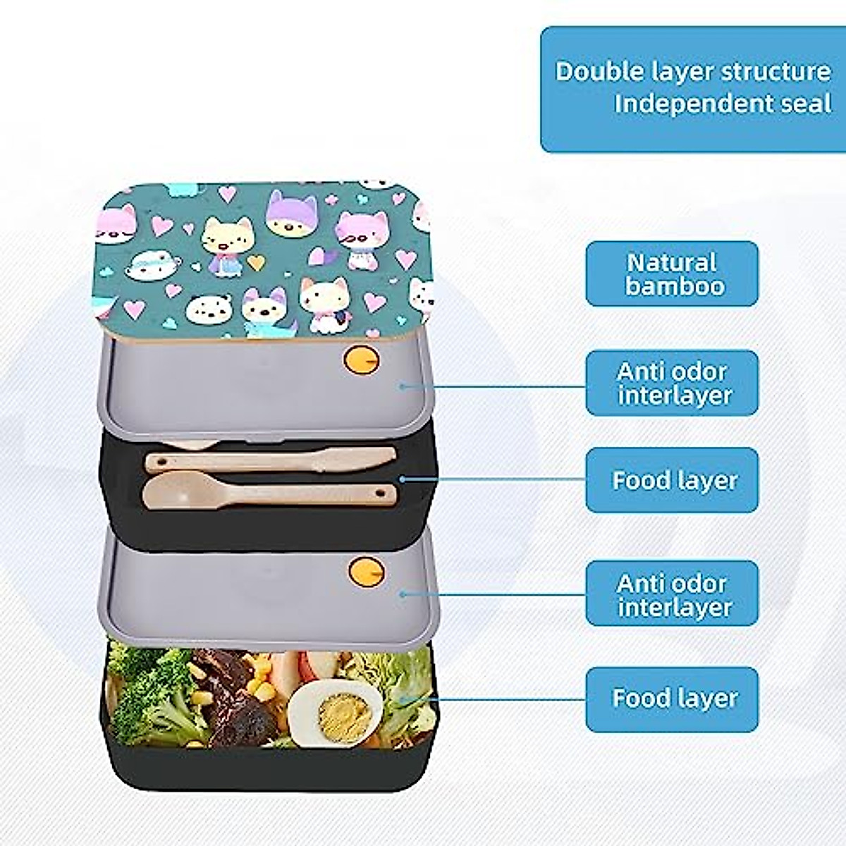 Cute Little Fox Adult Lunch Box, Bento Box, With Cutlery Set Of 3, 2 Compartments, Rectangular, Lunch Box For Adults