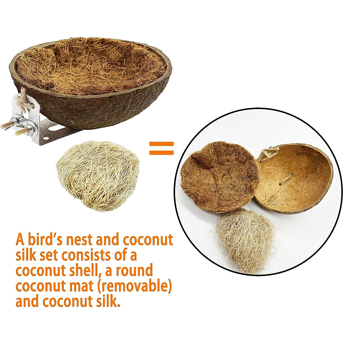 Tfwadmx Bird Nests Natural Coconut Shell Parrot Breeding Hatching Nesting Box Cage Hatch House Hut Cave for Small or Medium Finch Parakeet Accessories Toys –(2 Pcs)