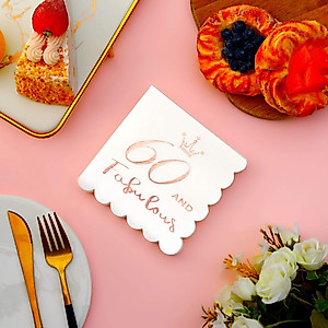 60 and Fabulous Cocktail Napkins Rose Gold - 60th Birthday Decorations for Women, Folded 5x5 Inches Disposable Party Napkins 3-Ply Paper Beverage Napkins, 60th Birthday Napkins, Wedding Anniversary