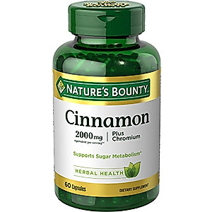 Nature's Bounty Cinnamon Pills and Chromium Herbal Health Supplement, Promotes Sugar Metabolism and Heart Health, 2000g, 60 Capsules
