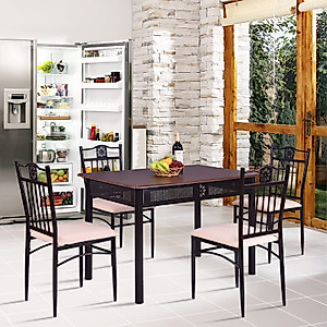 COSTWAY 5 Pieces Dining Table Set, Modern Kitchen Table Set for 4 Person, 42” Rectangular Table w/ 4 Upholstered Chairs, Bistro Table Set for Home, Coffee Shop & Restaurant (Brown)