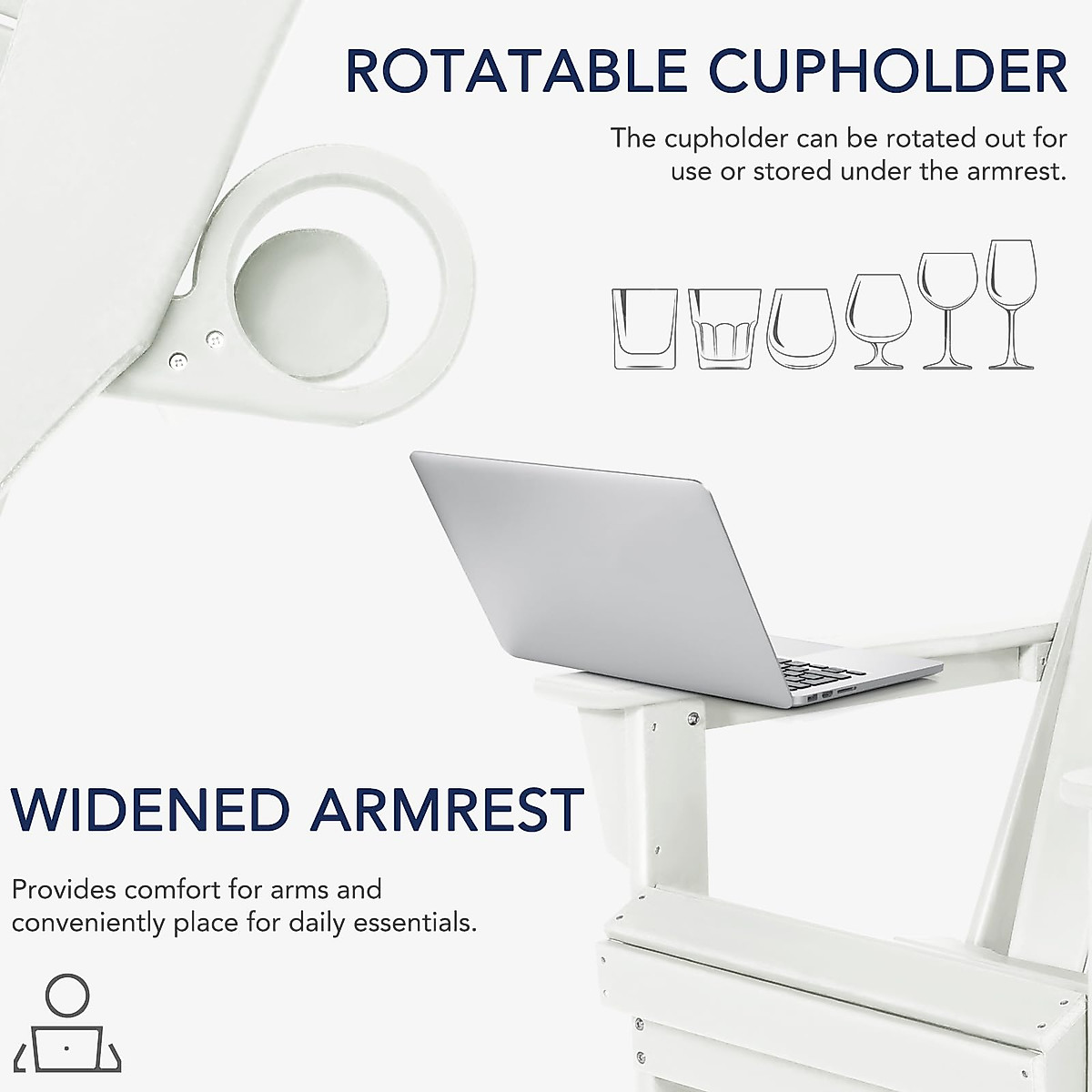 ABCPATIO Folding Adirondack Chair with Footrest - Outdoor Weather Resistant Plastic Adirondack Chairs with Detachable Ottoman, Stackable Seating with Cup Holder for Patio (Seat Width 21.6",White)