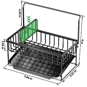 JANE EYRE Kitchen Sink Caddy - Sponge Brush Holder with Removable Slope Drip Tray SUS304 Stainless Steel Rustproof Sink Rack,(H) 9 in x (D) 5.5 in x (L) 9.84 in (Black)